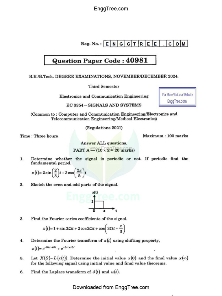EC3354 Signals and Systems Nov Dec 2024 Question Paper Download | PDF