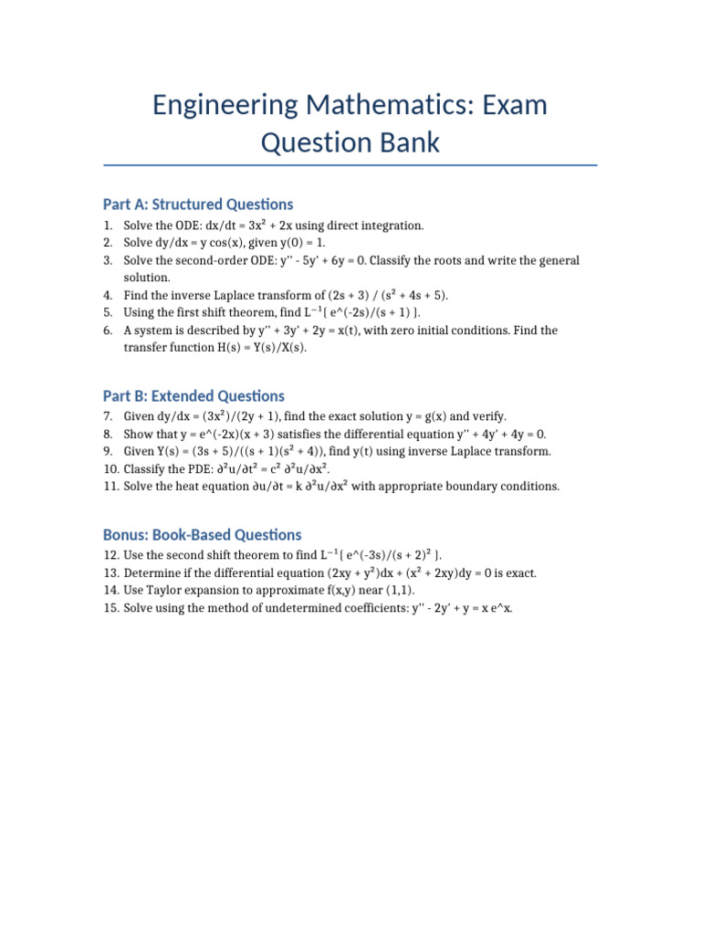 Engineering Maths Exam Question Bank | PDF