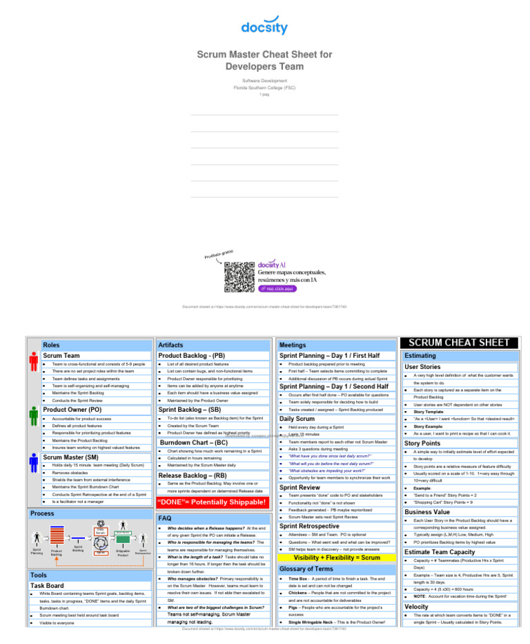 Docsity Scrum Master Cheat Sheet For Developers Team | PDF