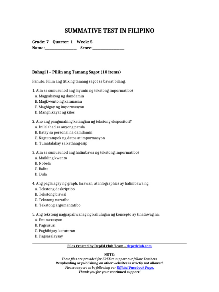 Summ - Test Filipino 7 q1 w5 | PDF