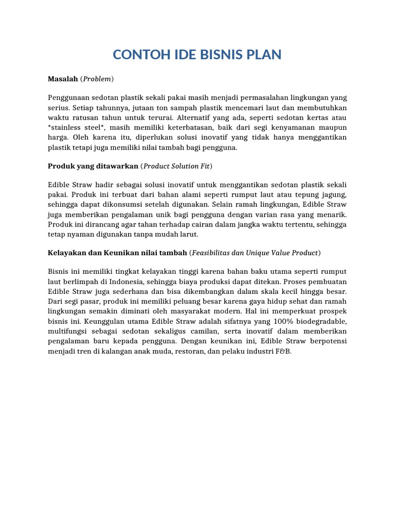 Contoh Ide Bisnis Plan | PDF