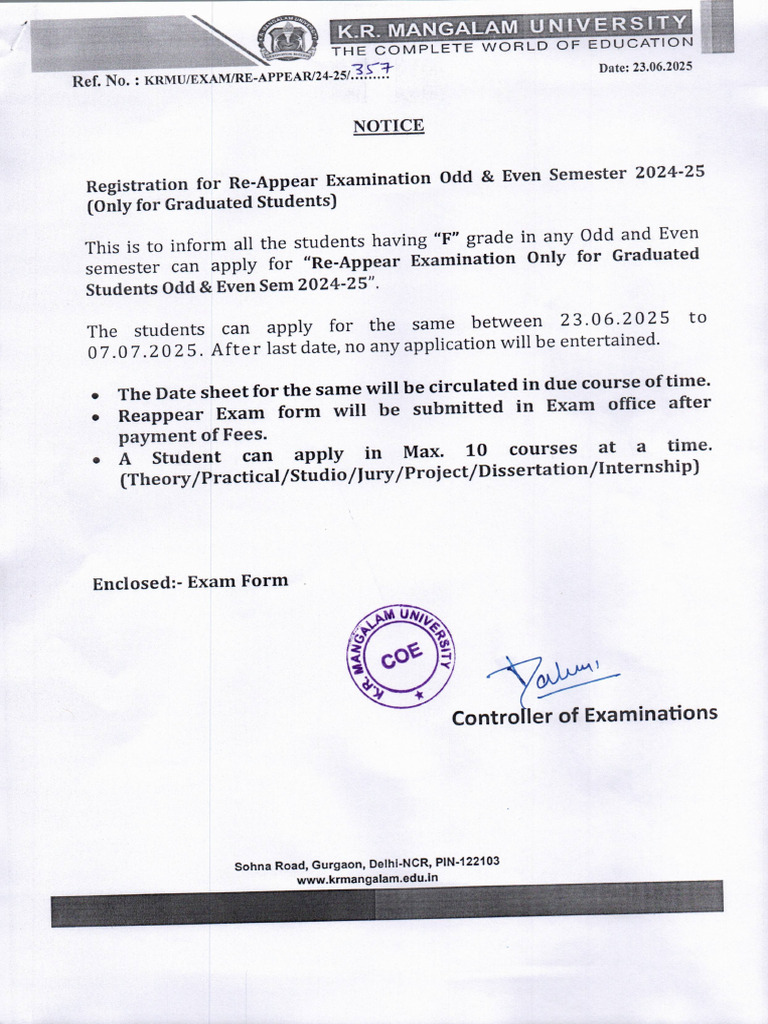 Reappear Notice Even 2024-25 | PDF