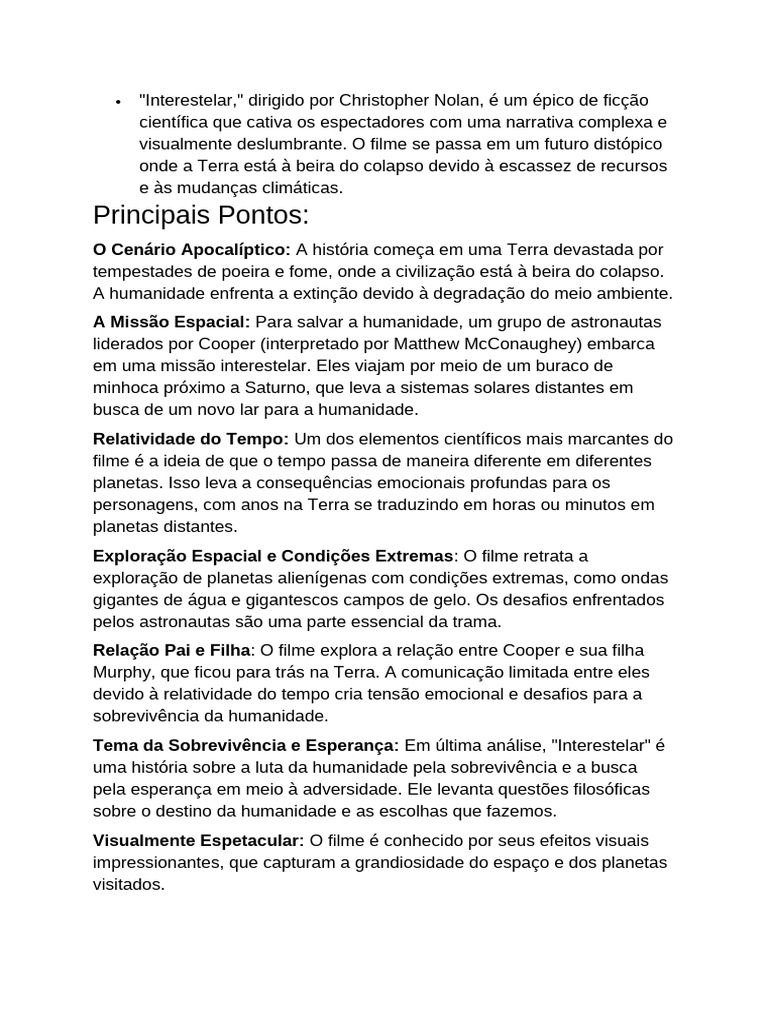 Resumo Do Filme Interestelar Christopher Nolan | PDF