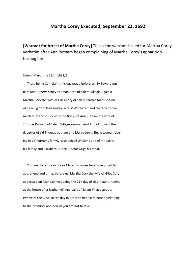 Martha Corey: Witchcraft Accusations | PDF | Early Modern Witch Hunts ...
