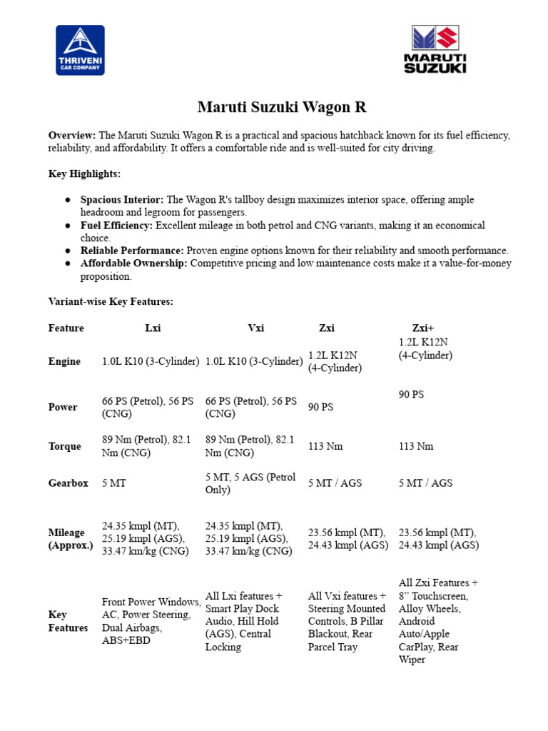 Wagon R - One Pager | PDF | Automotive Industry | Car Manufacturers