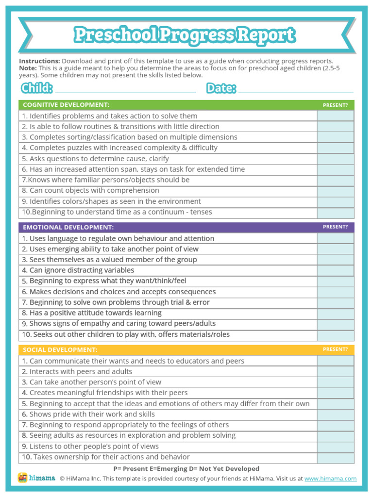 Preschool Progress Report Template | PDF | Preschool | Child Development