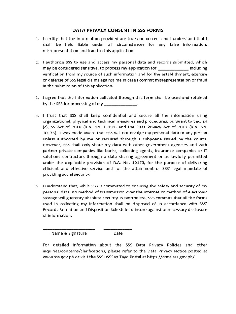 Data Privacy Consent in SSS Forms - DPOs Approved | PDF | Privacy | Information Privacy