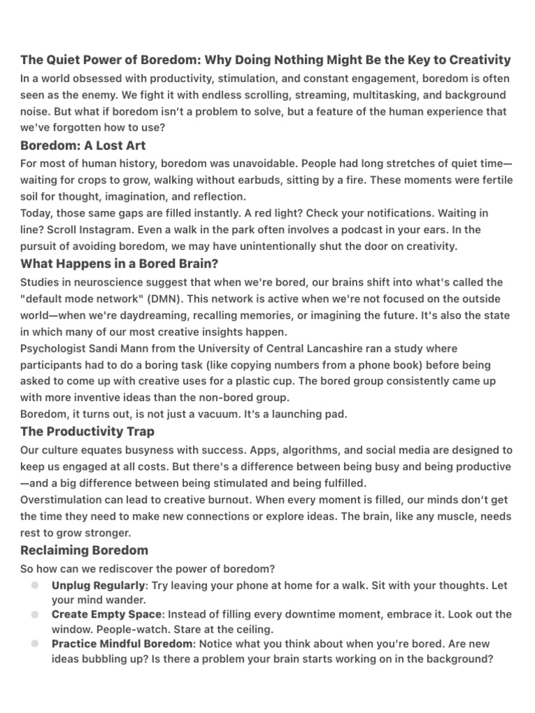The Quiet Power of Boredom - Why Doing Nothing Might Be The Key To ...