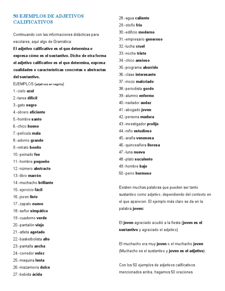 50 Ejemplos de Adjetivos Calificativos