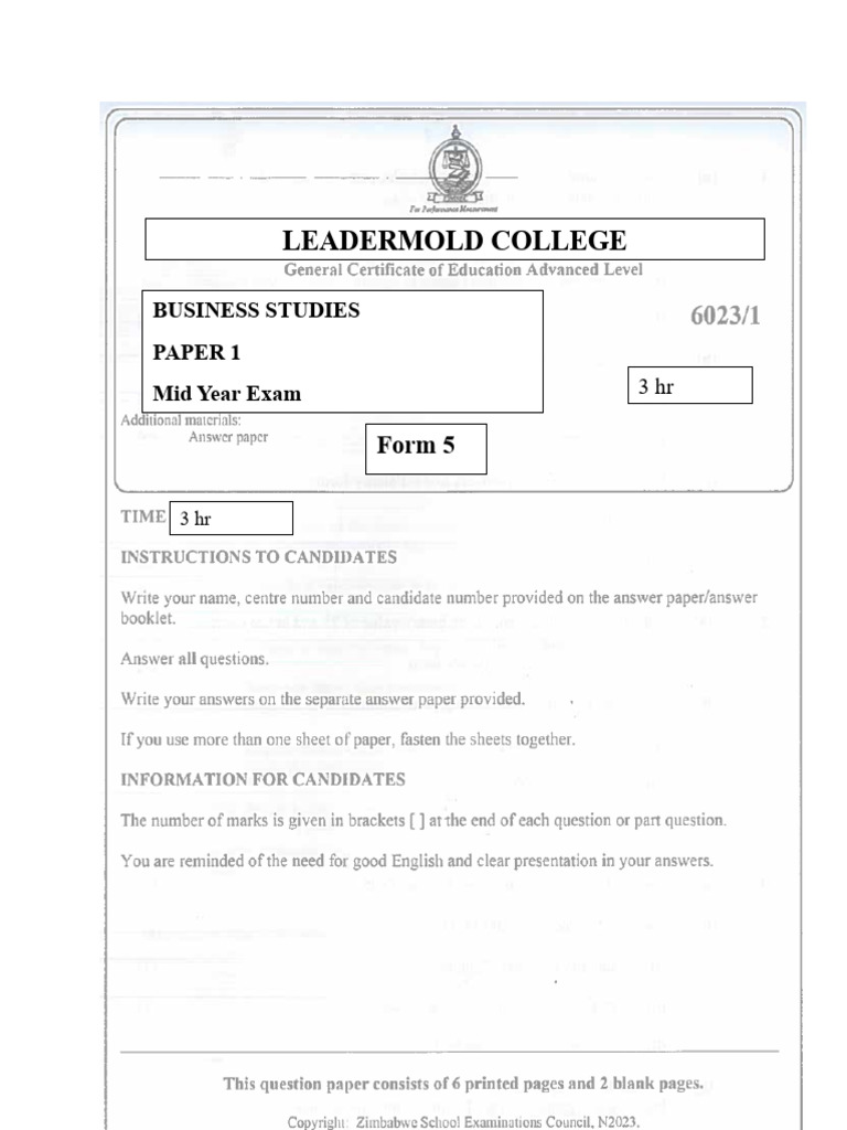 Business Studies Mid Year Exam Guide | PDF