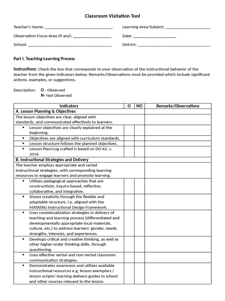 Classroom Visitation Tool | PDF | Learning | Teachers