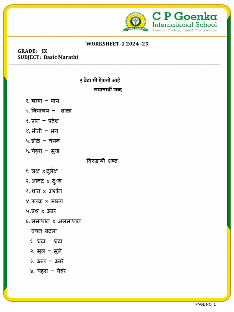 CP Basic Marathi GR 9 WKSHT 2024-25 1 | PDF
