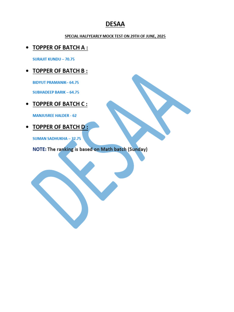 Half Yearly Exam Topper List | PDF
