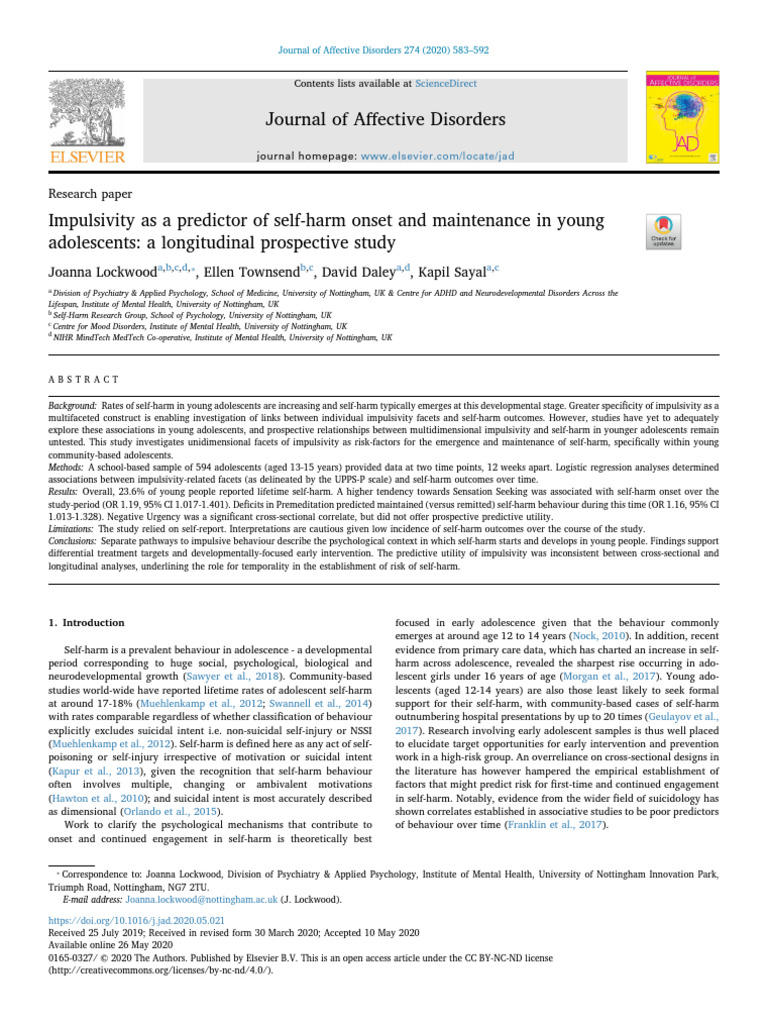 Journal of Affective Disorders | PDF | Self Harm | Impulsivity