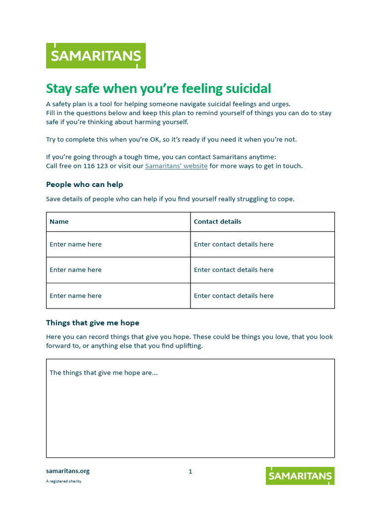 Samaritans Editable Safety Plan | PDF | Behavioural Sciences | Mental ...