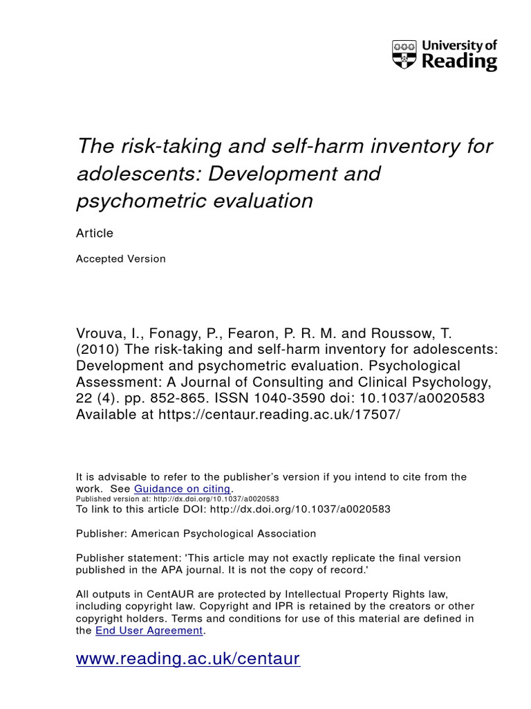 Risk Taking and Self Harm Inventory | PDF | Self Harm | Borderline ...