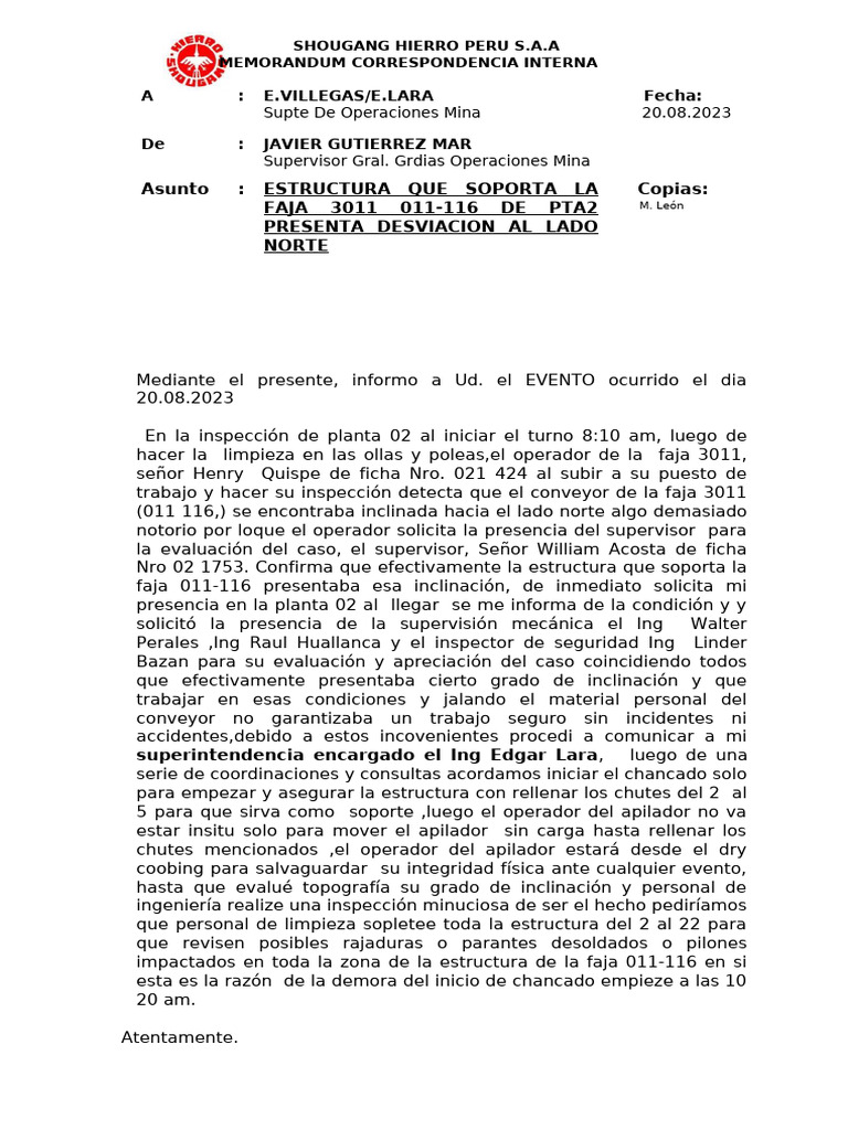Desviación Estructural Faja 3011 en PTA2 | PDF