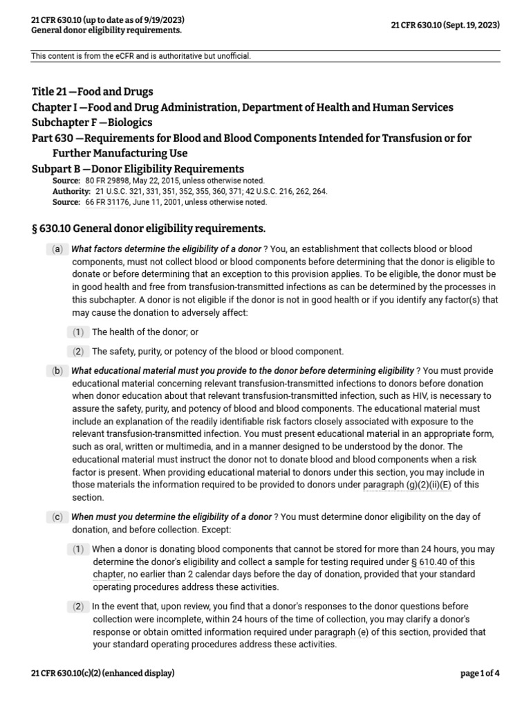 21 CFR 630.10 (Up To Date As of 9-19-2023) | PDF | Blood Donation ...