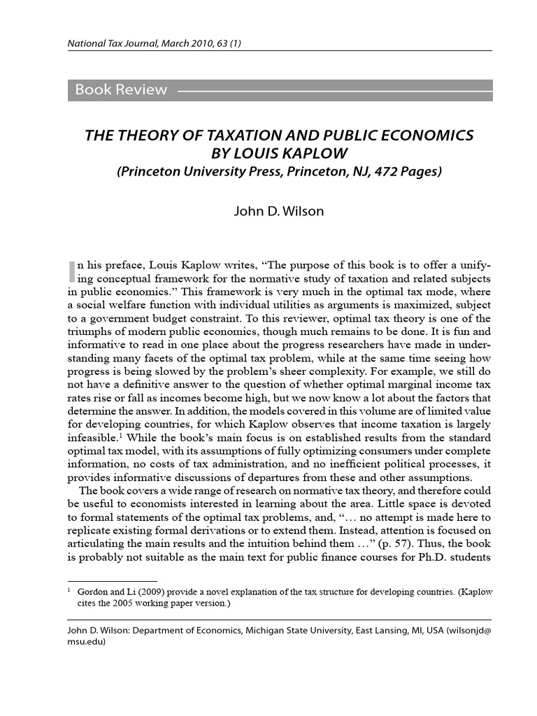 Louis Kaplow The Theory of Taxation and Public Eco | PDF | Taxes ...