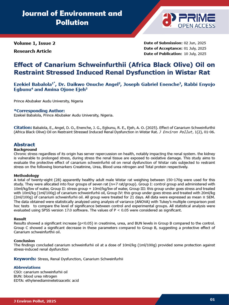Effect of Canarium Schweinfugrthii Africa Black Olive Oil On Restraint ...