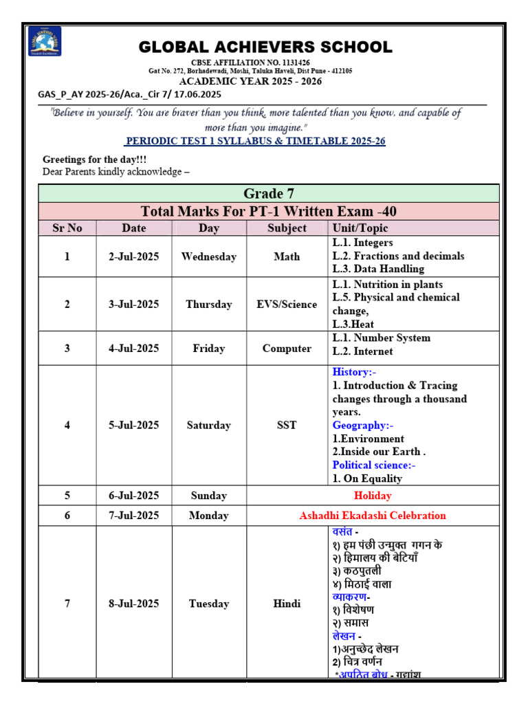 Grade 7 - Cir 7 - PT1 Syllabus & Exam Timetable | PDF