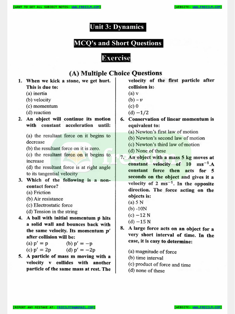 9th Phy New Ch3 MCQs and SQ | PDF