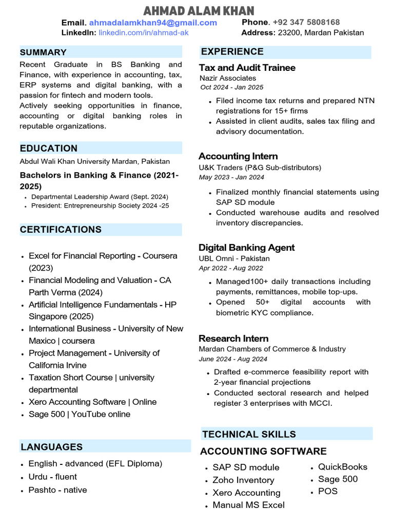 Ahmad Alam Khan 1 Page - Resume | PDF | Accounting | Business