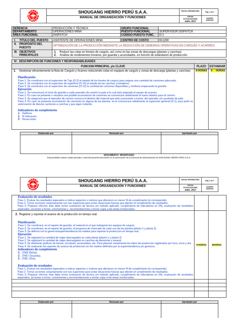 Nuevo Formato Mof - Asistente Operaciones Mina (Dispatch) | PDF | Minería