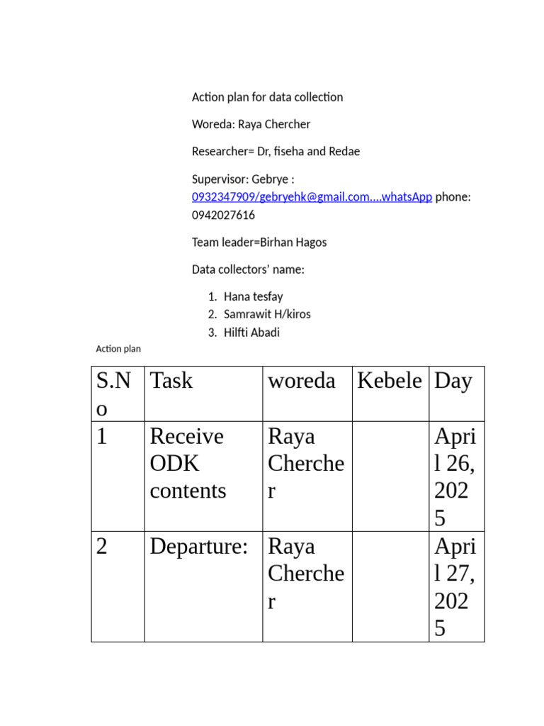 Action Plan For Data Collection of Raya Chercher From TRHB | PDF
