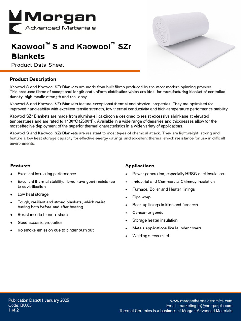 Kaowool S and Kaowool SZR Blankets Product Data Sheet | PDF | Thermal ...