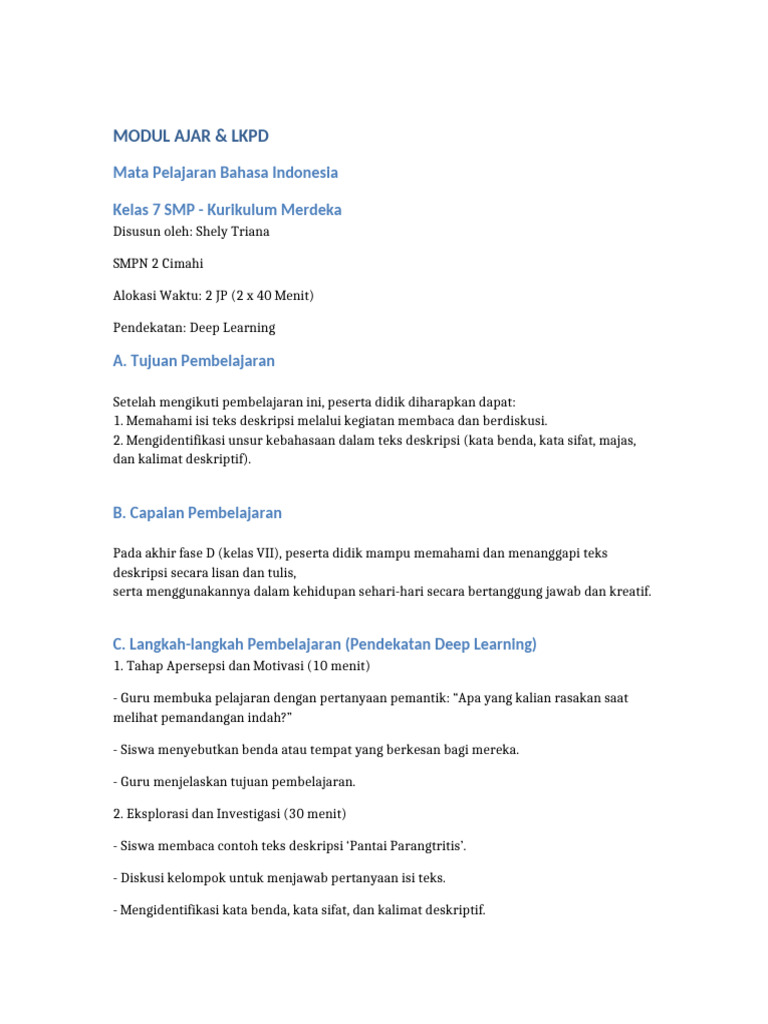 Modul Ajar LKPD Teks Deskripsi Kelas7 ShelyTriana | PDF