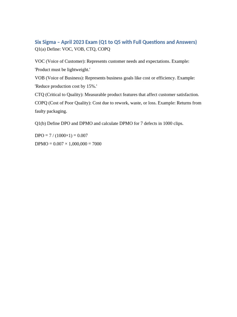 Six Sigma q1 To q5 Questions and Answers | PDF