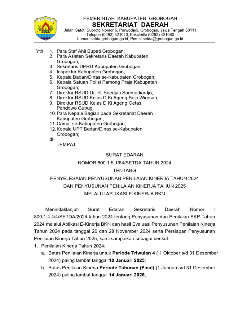 Surat Edaran KOP SETDA - Penyusunan E-Kinerja 2025 | PDF