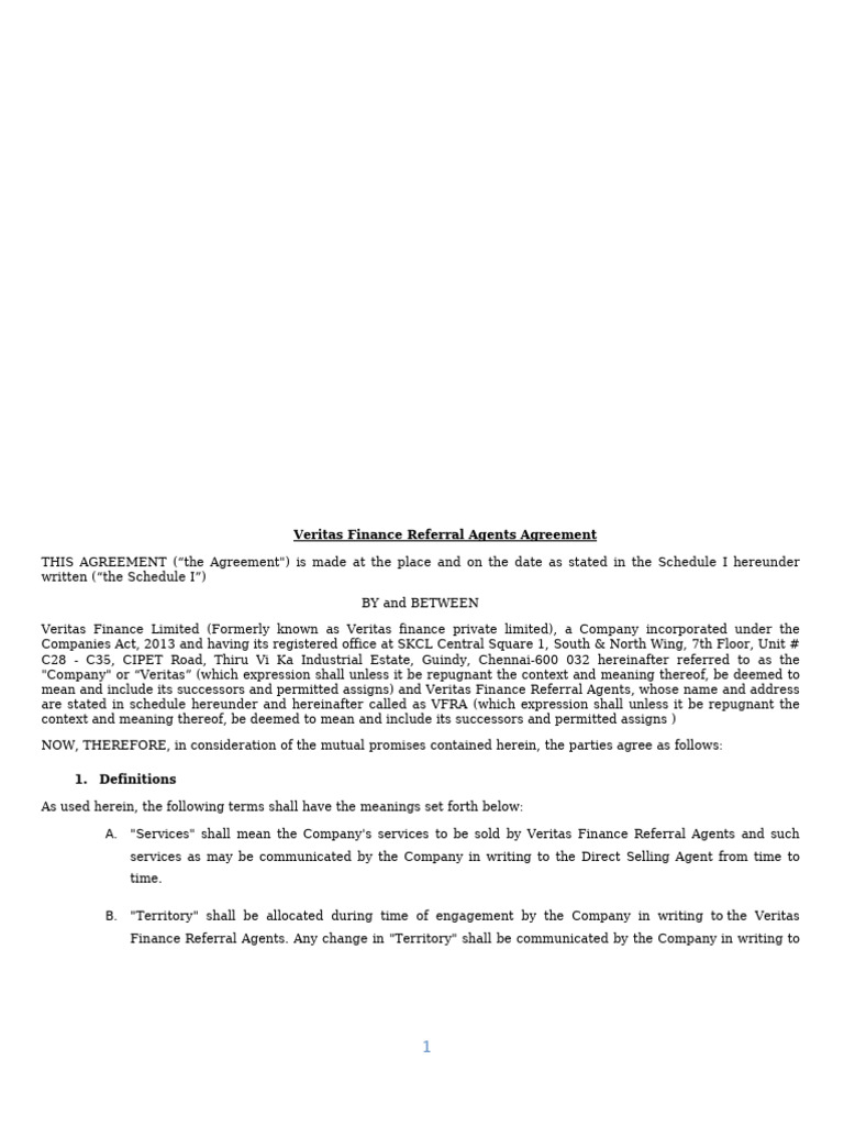Veritas Finance Referral Agents Agreement - DSA | PDF | Indemnity ...