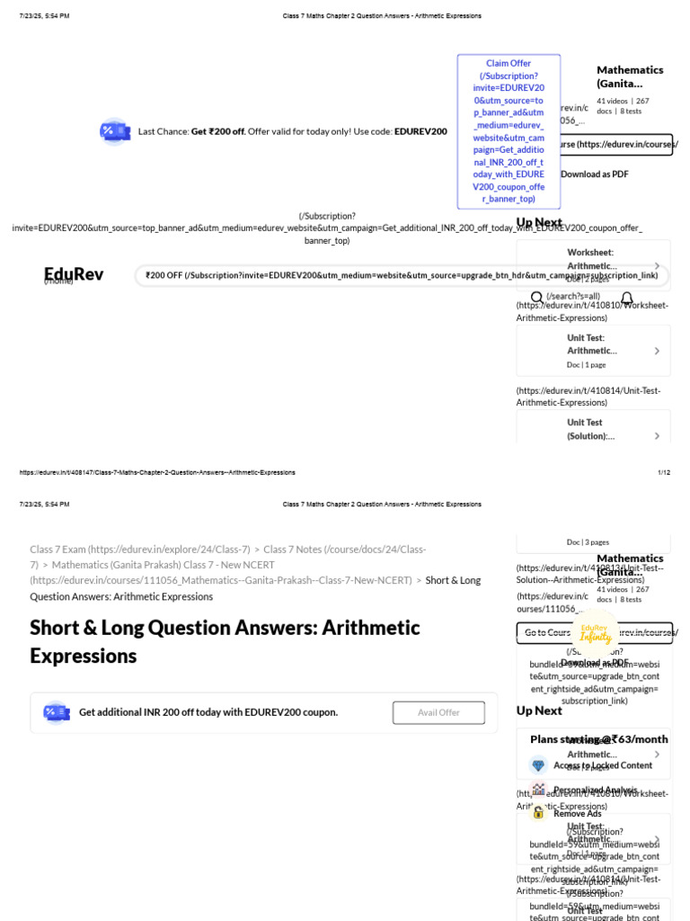 Class 7 Maths Chapter 2 Question Answers - Arithmetic Expressions | PDF ...