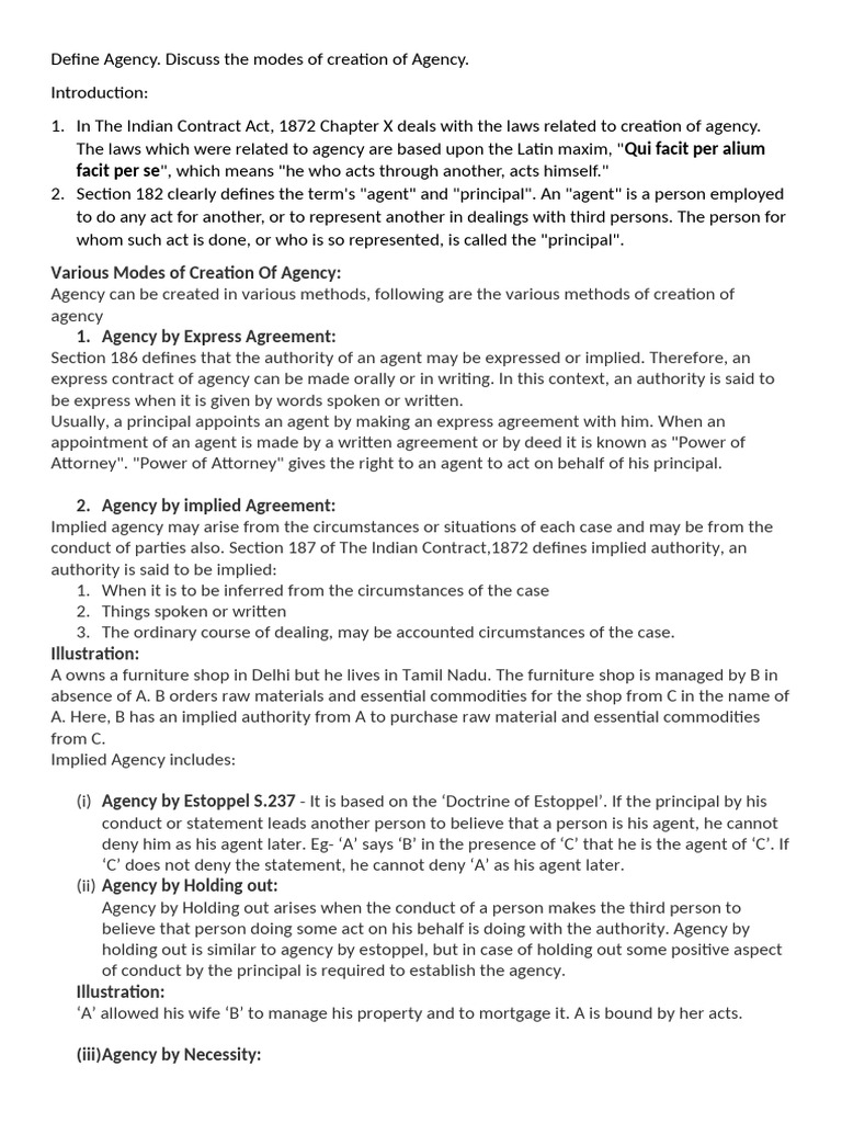 Modes of Agency Creation in Law | PDF | Law Of Agency | Business Law
