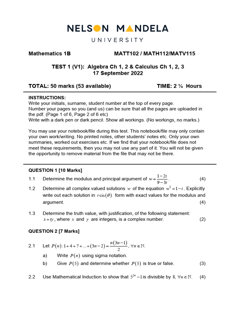 Mathematics 1B Semester Test 1 (V1) | PDF | Mathematical Concepts | Algebra