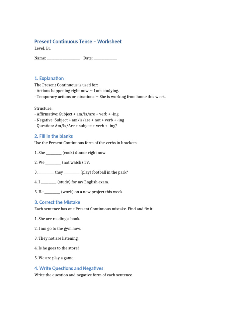 Present Continuous Tense Worksheet B1 | PDF