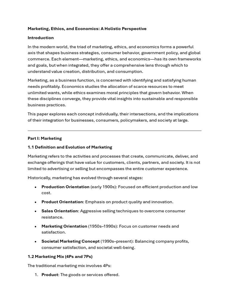 Marketing, Ethics, and Economics Integration | PDF