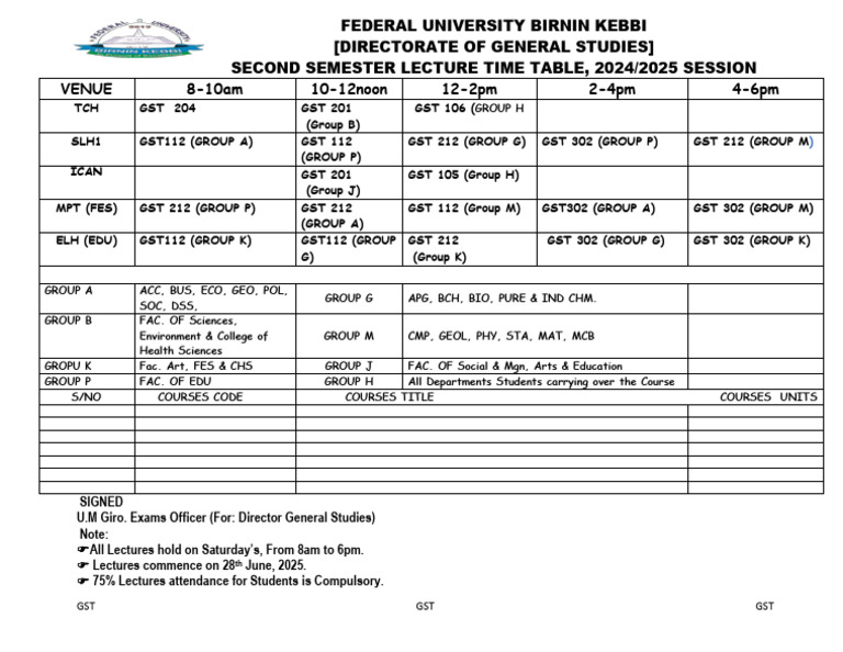 GST Lecture Time Table 2025 | PDF | Liberal Arts Education