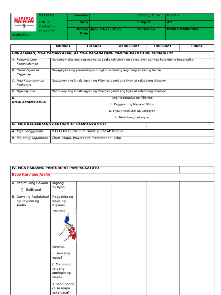 Matatag DLL Week 1 AP g4 | PDF