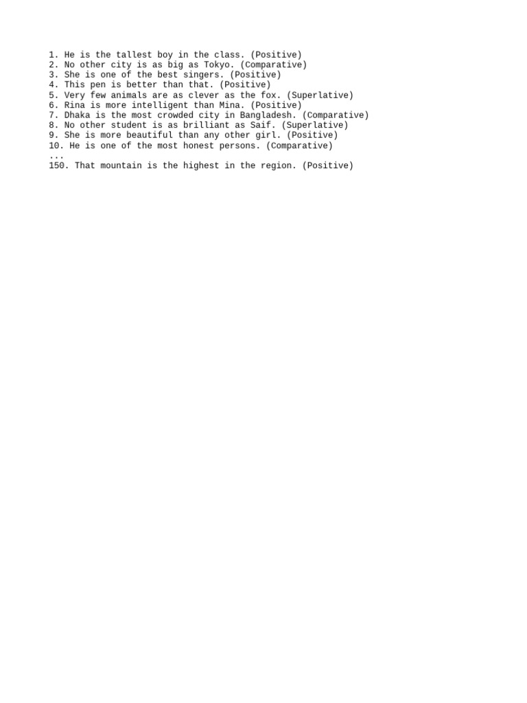 Positive Comparative Superlative Examples All | PDF