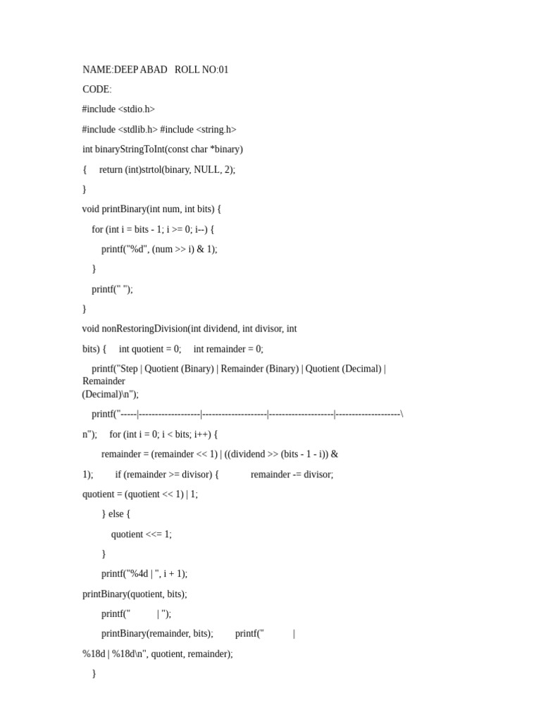 DLCA Non Restore Division Algorithm Printout (Moba) | PDF