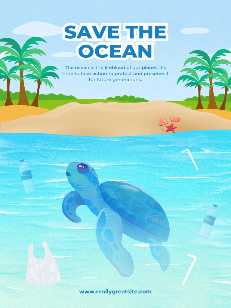 Blue Illustrative Cute Campaign Save The Ocean Poster PDF | PDF