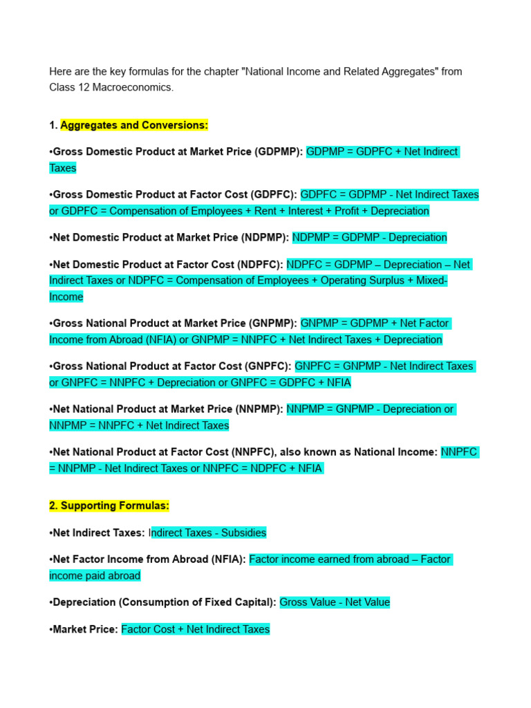 National Income Formulas for Class 12 | PDF | Measures Of National ...