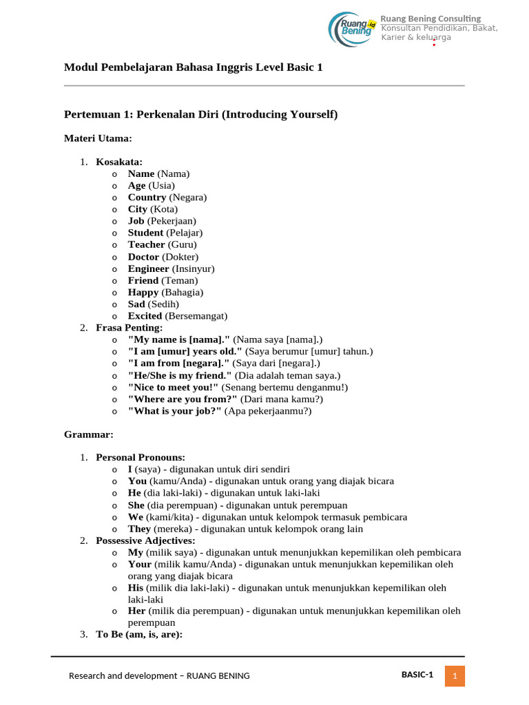 Modul Pembelajaran Bahasa Inggris Level Basic 1 | PDF | Syntax ...