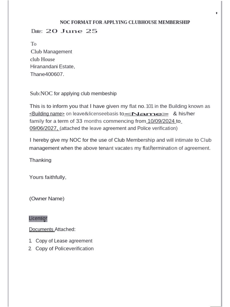 NOC for Clubhouse Membership Application | PDF