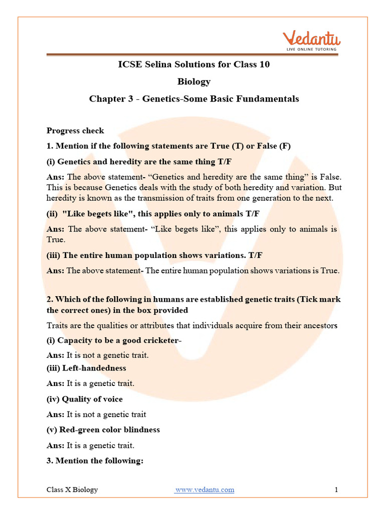 Selina Concise Biology Class 10 Icse Solutions For Chapter 3 Genetics