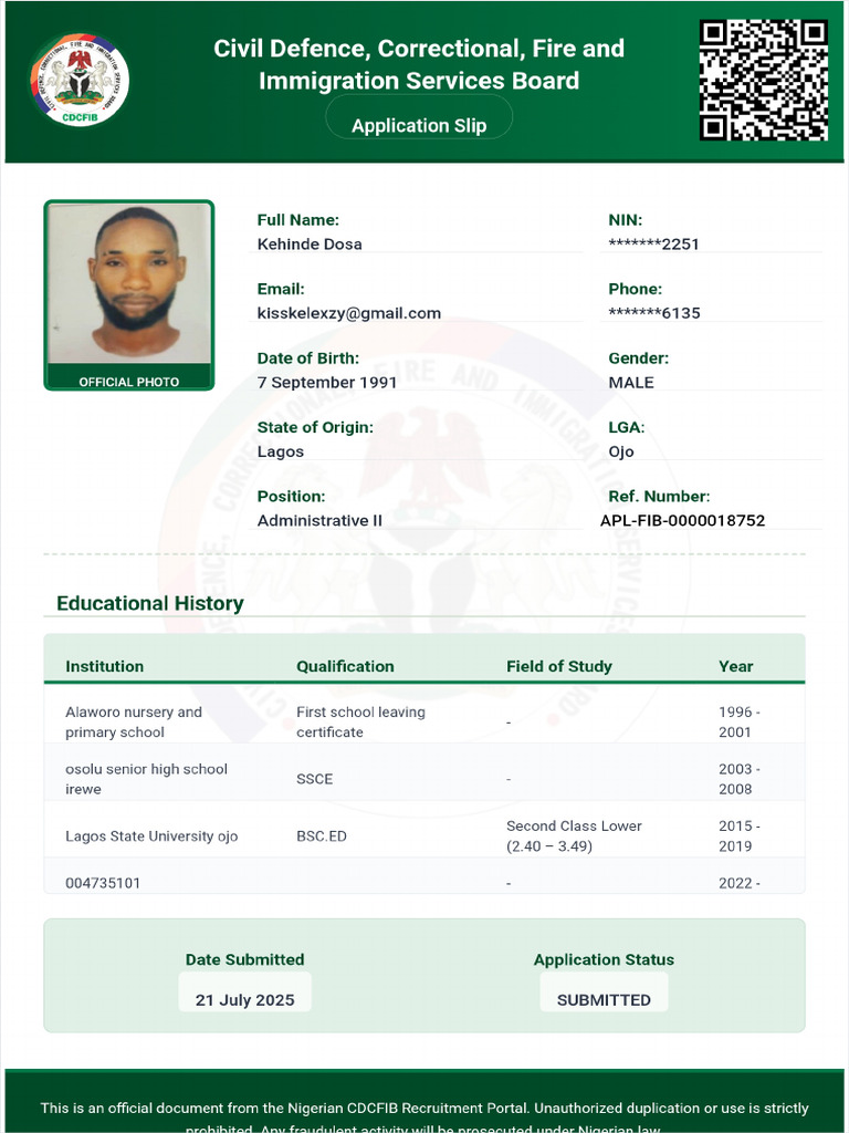 Kehinde Michael Dosa Application Slip | PDF