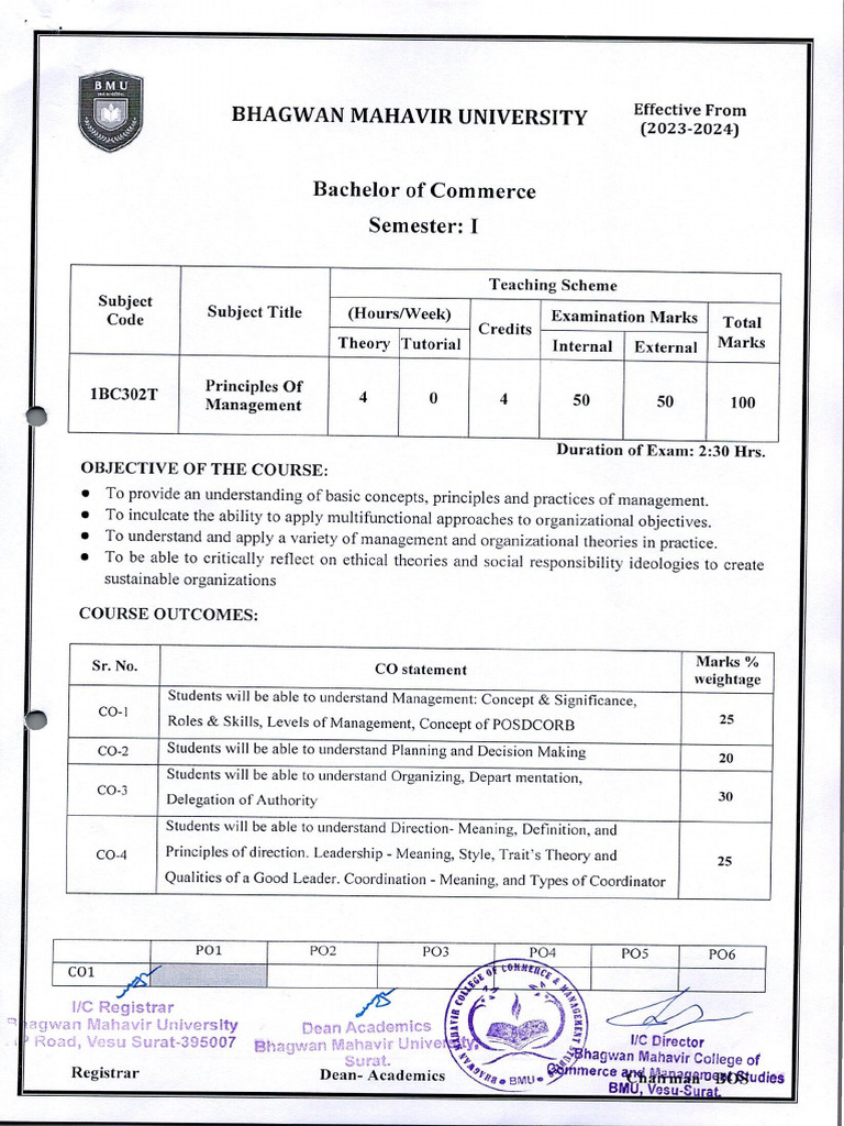 Principle of Management Syllabus | PDF